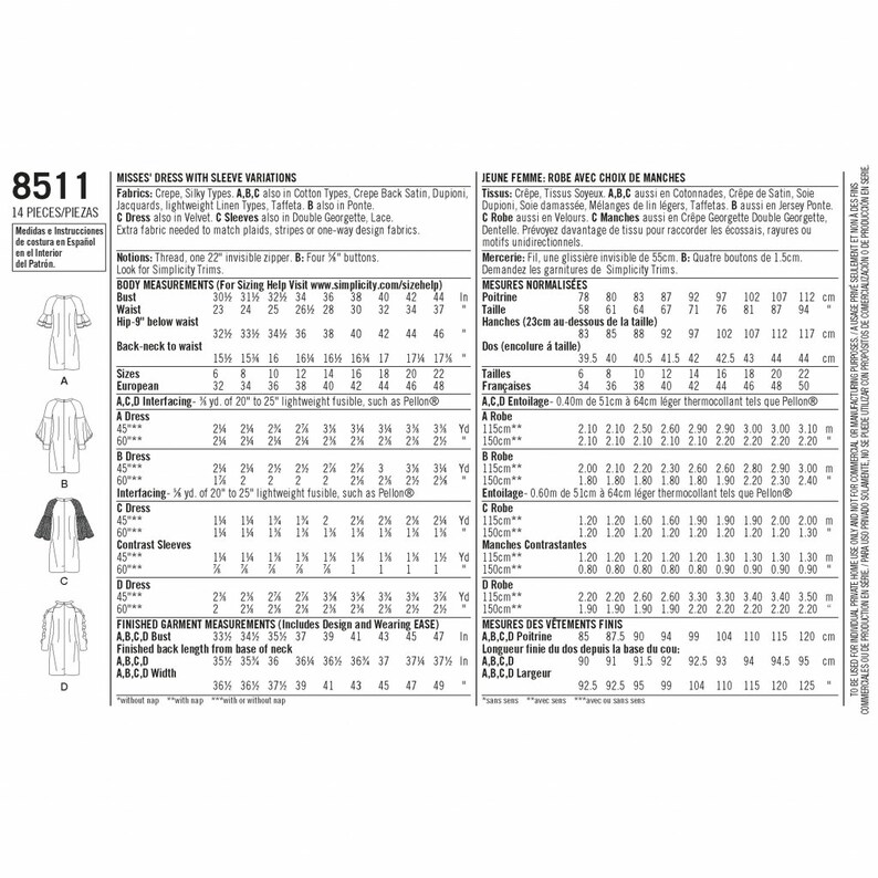 Simplicity S8511 Misses' Dress With Sleeve Variations Size 14-22 Uncut ...