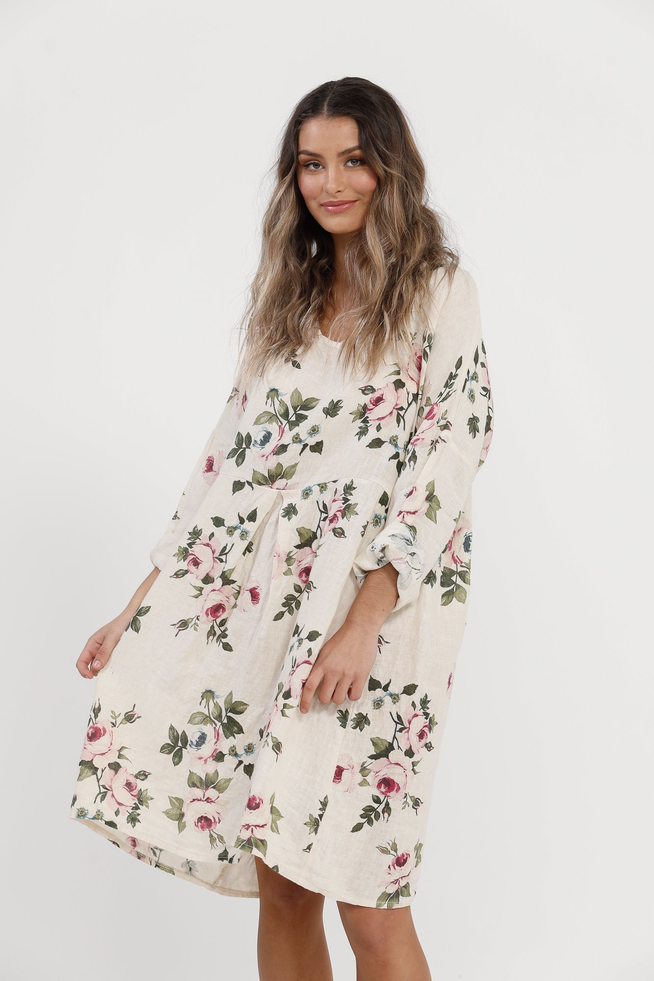 Amelia Floral Linen Dress. Floral Linen Dress in Antique Cream Floral ...