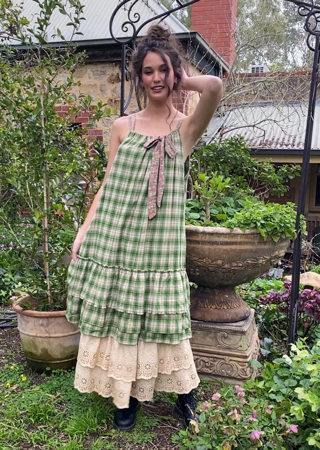 London Plaid Dress in Green With Floral Tie Bow . Plaid Pinafore Dress ...