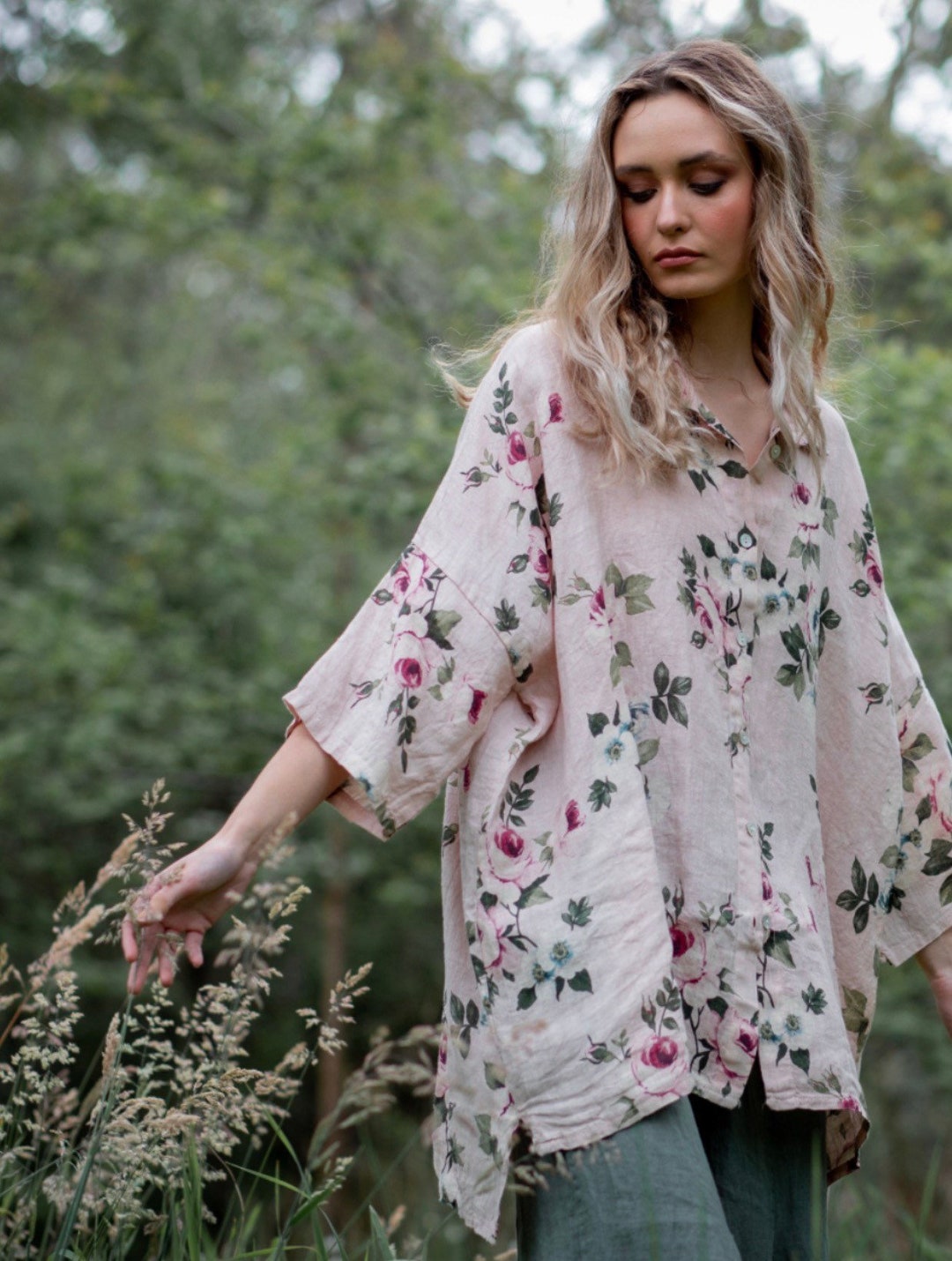 Teddie Floral Linen Shirt. Pale Pink Floral Linen Jacket. Oversize Line ...