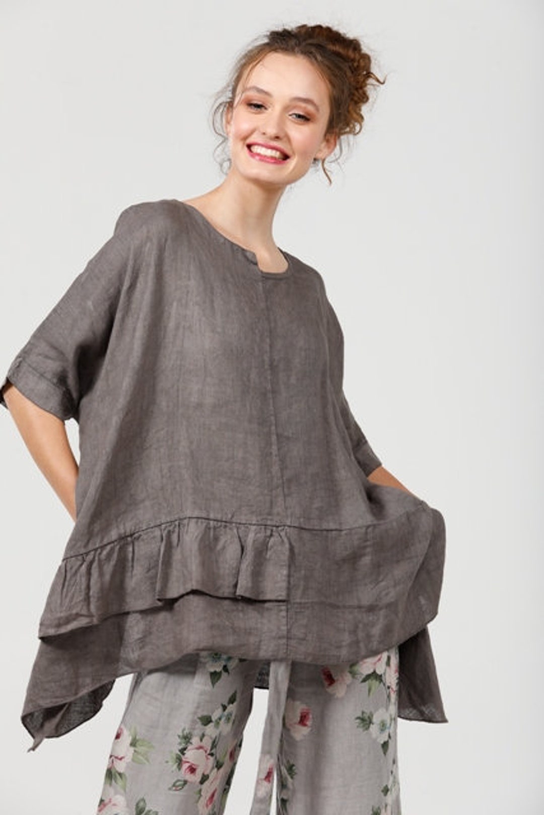Sorrento Top in Charcoal Italian Linen Made in Italy for Miss Rose ...