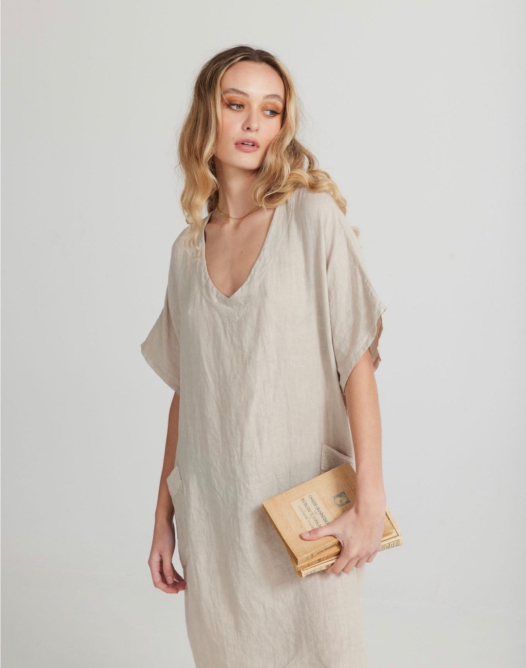Charlie Linen Dress in Stone With Sequin Detail on the Pocket. Cream ...