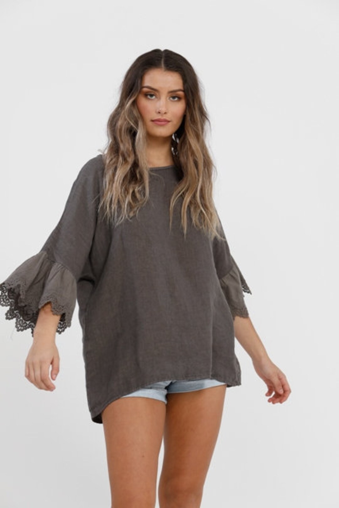 Ellie Linen Top With Lace Ruffle 3/4 Sleeve in Charcoal. Linen and Lace ...