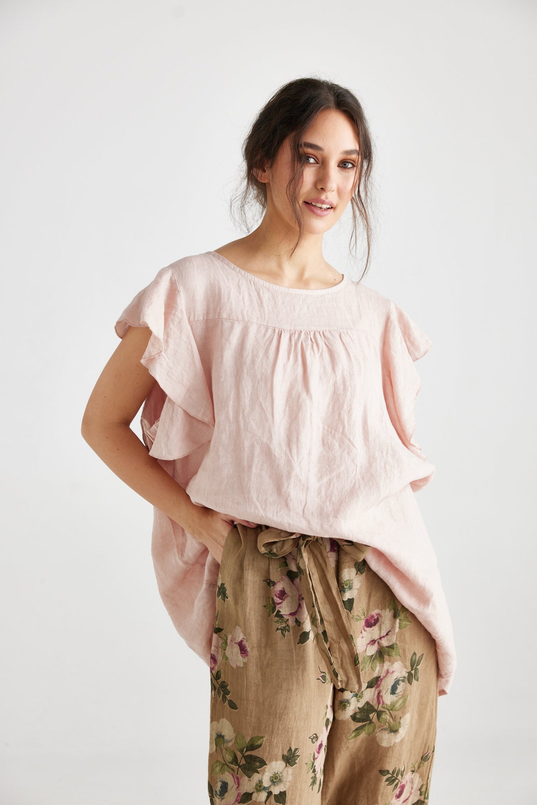 Pale Pink Linen Bella Top With Ruffled Sleeves. Casual Pink Linen ...