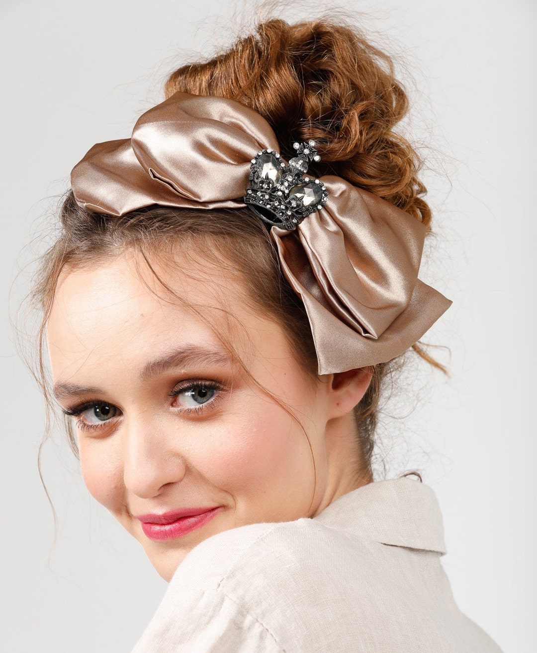 Satin Bow Headband With Vintage Embellishment. Brown Satin Bow With ...