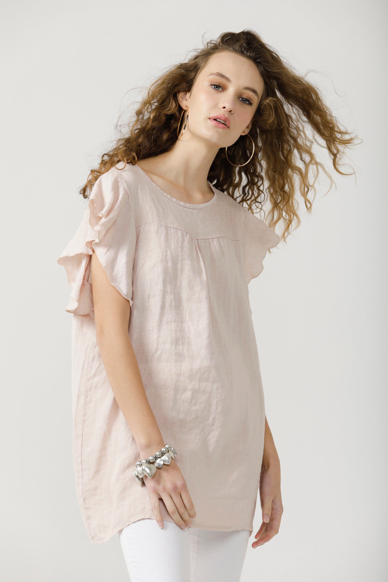 Pale Pink Linen Bella Top With Ruffled Sleeves. Casual Pink Linen ...