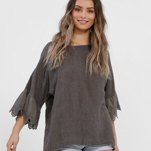 Ellie Linen Top With Lace Ruffle 3/4 Sleeve in Charcoal. Linen and Lace ...