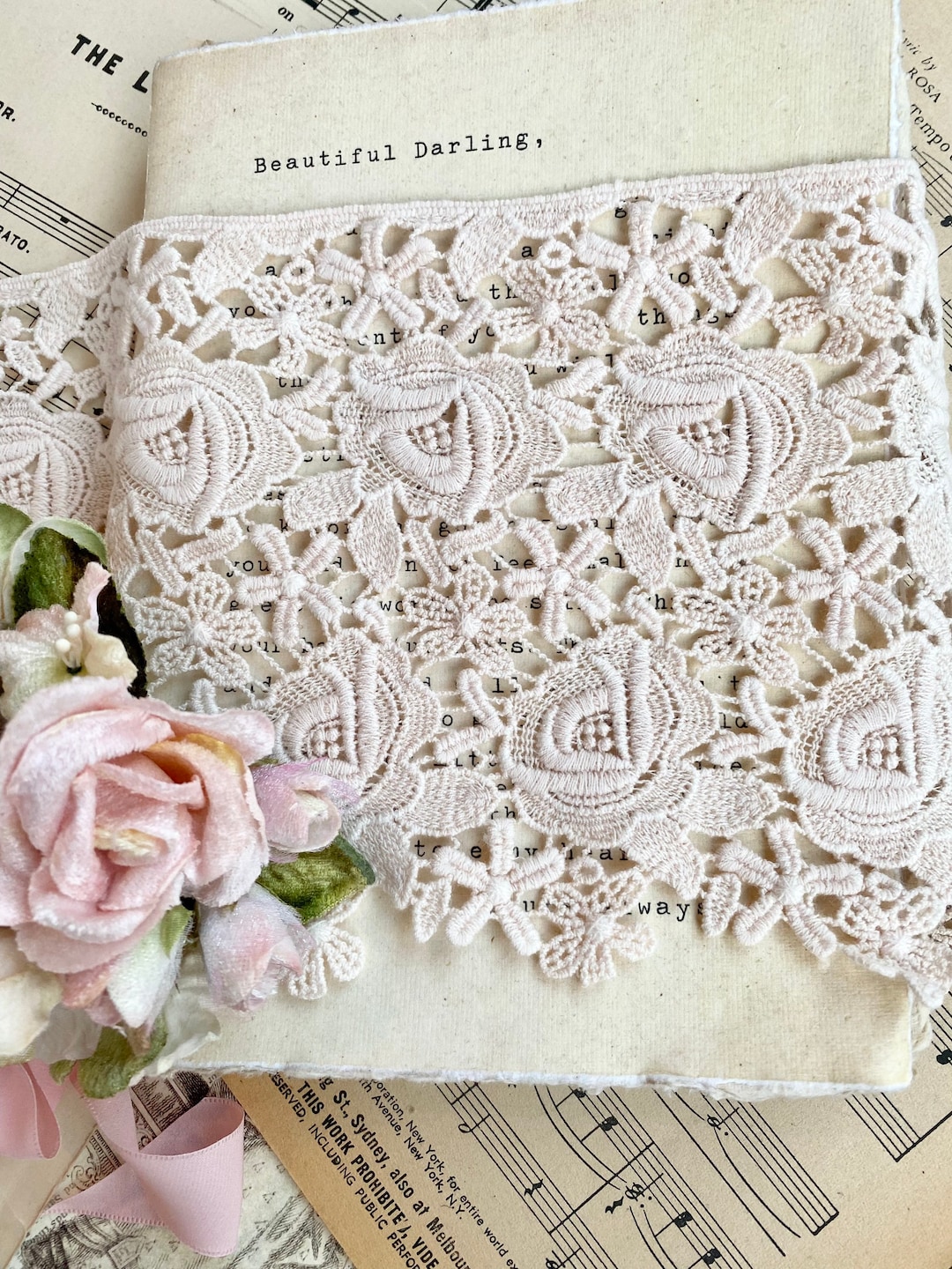 Wide Cream Vintage Rose Lace Perfect for Slow Stitching , Snippets ...