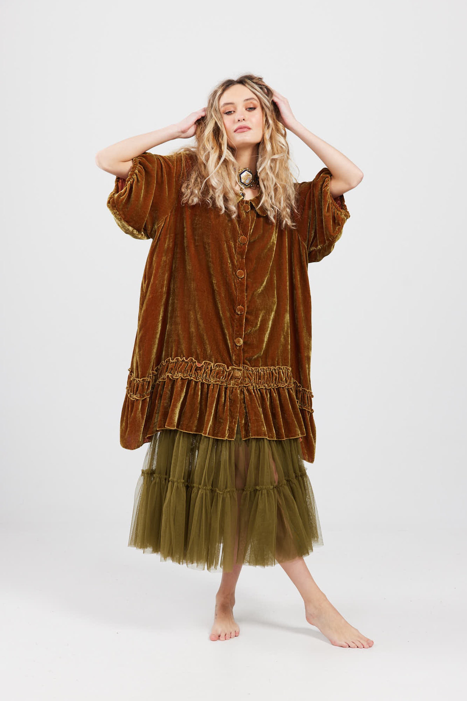 Florentine Luxurious Velvet Coat Dress in Russet Gold. Velvet Smock Top ...