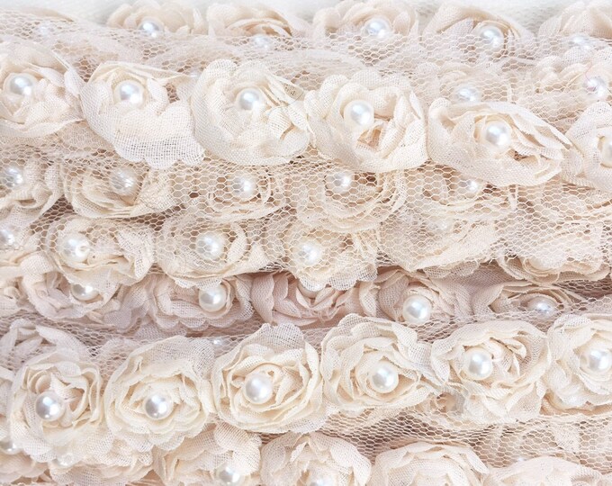Pearl Rosebud Trim. Pearls and Roses Ribbon Trim. Embellishing Trim ...