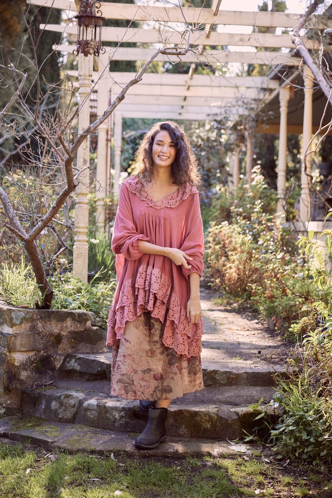 Florizel Cotton Blouse in Antique Rose. Flowy Romantic Long Lace and Cotton Smock Top. - Etsy