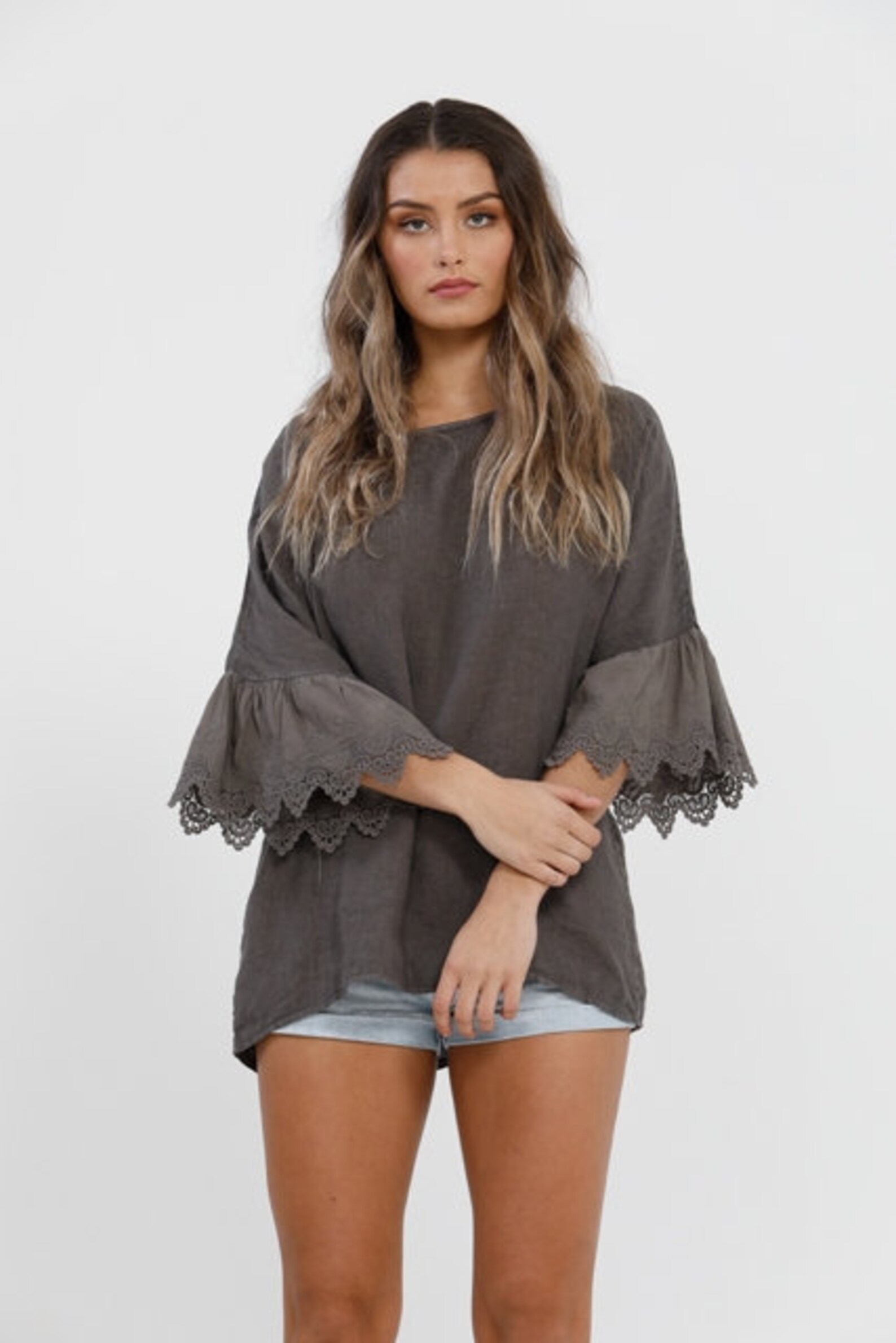 Ellie Linen Top With Lace Ruffle 3/4 Sleeve in Charcoal. Linen - Etsy