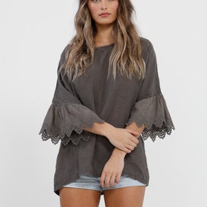 Ellie Linen Top With Lace Ruffle 3/4 Sleeve in Charcoal. Linen and Lace ...