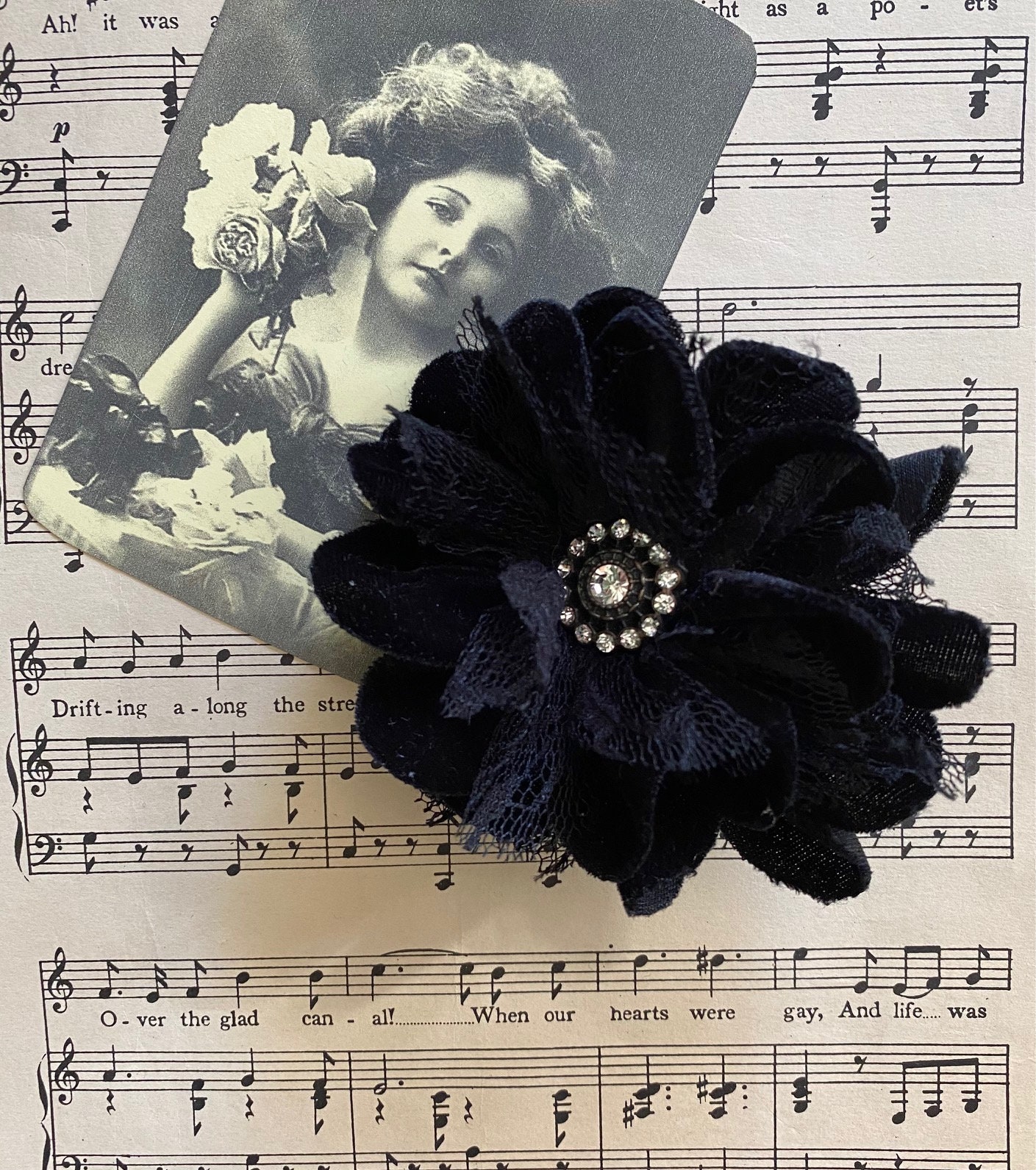 Black Velvet and Lace Flower Brooch With Sparkly Button Center. Vintage ...