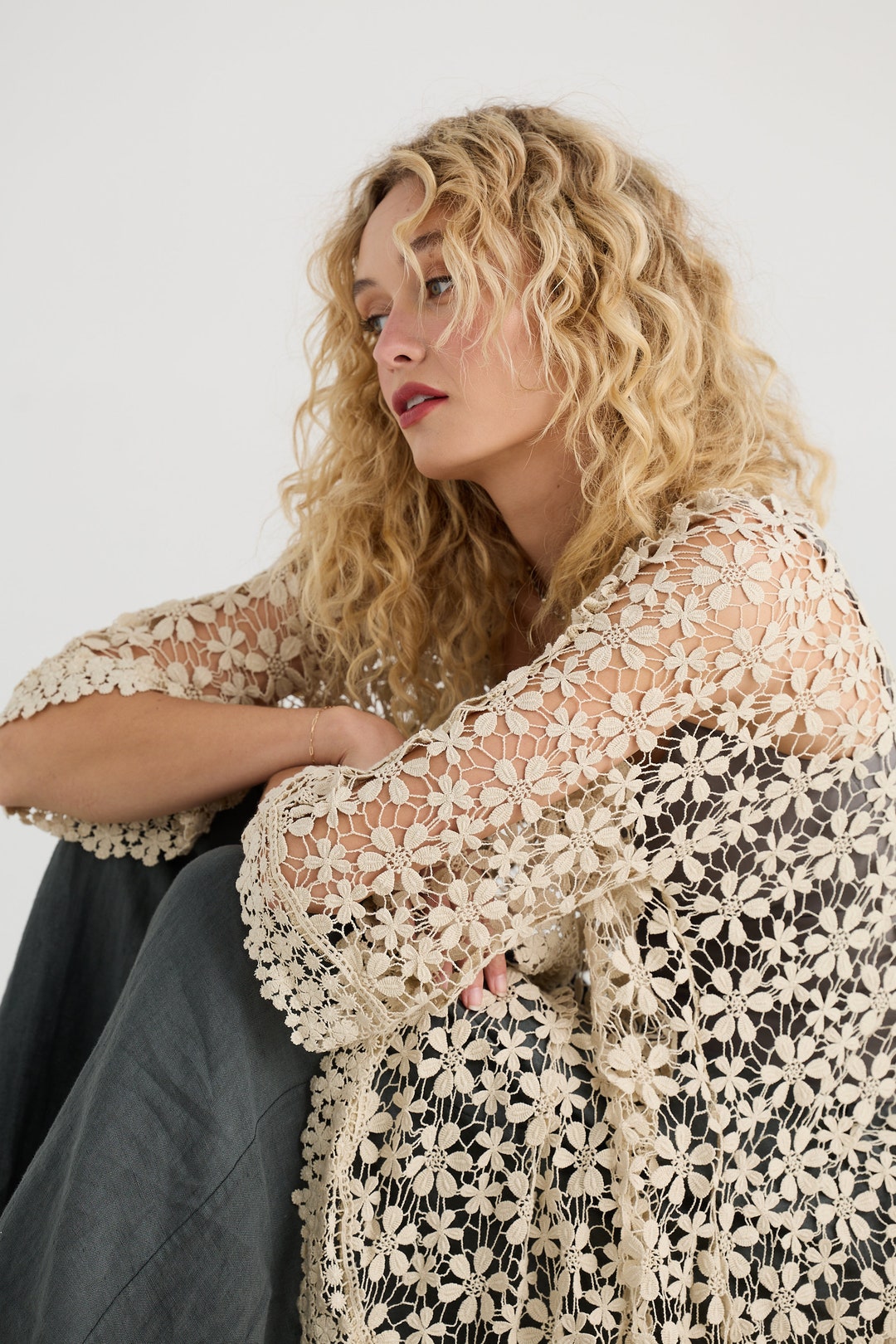 Cordelia Vintage Cream Stone-colored Lace Long Jacket. Exquisite Lace ...