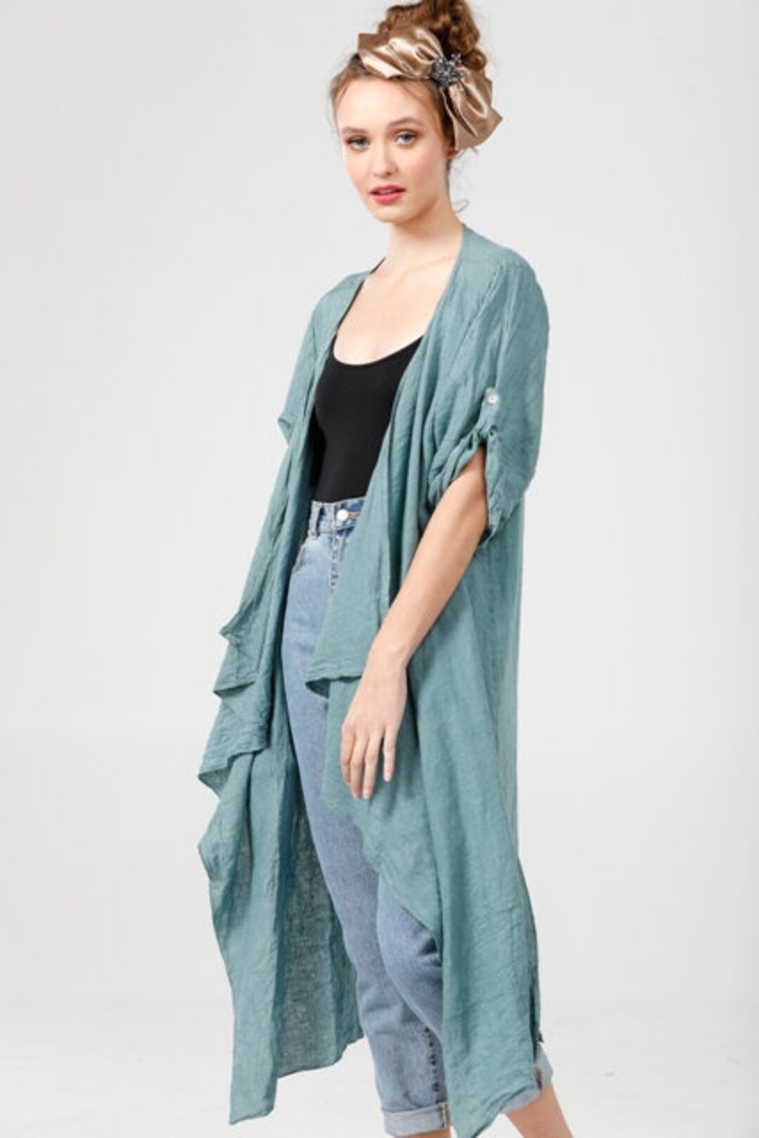 Linen Duster Coat. Linen Long Jacket in Teal. One Size Loose Fitting ...