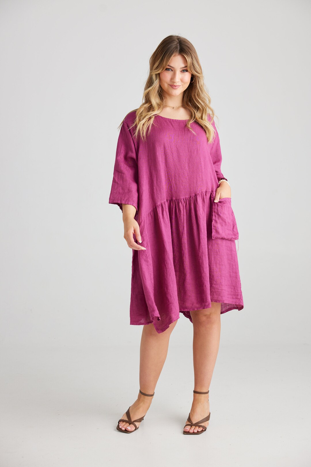 Clarissa Linen Dress in Magenta . Stylish Fun Linen Dress. Plus Size ...
