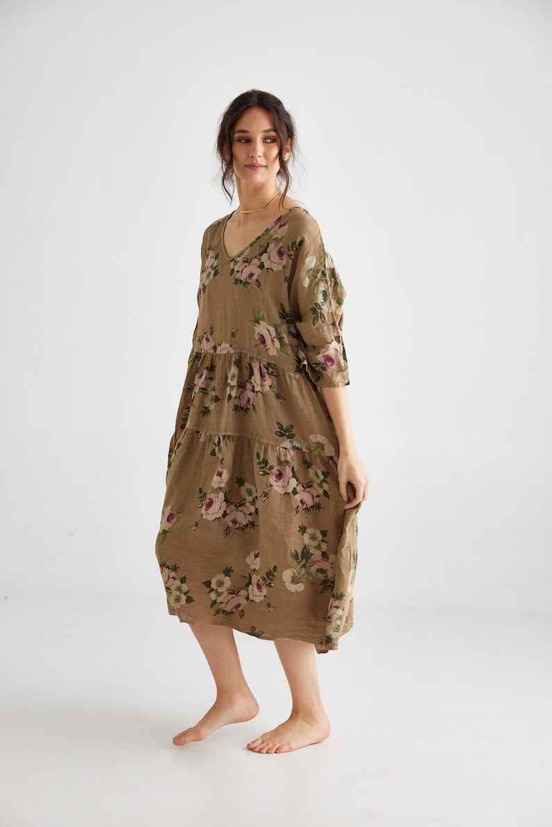Stella Dress in Floral Rose Linen in Olive Branch . Tiered Flowy Linen ...