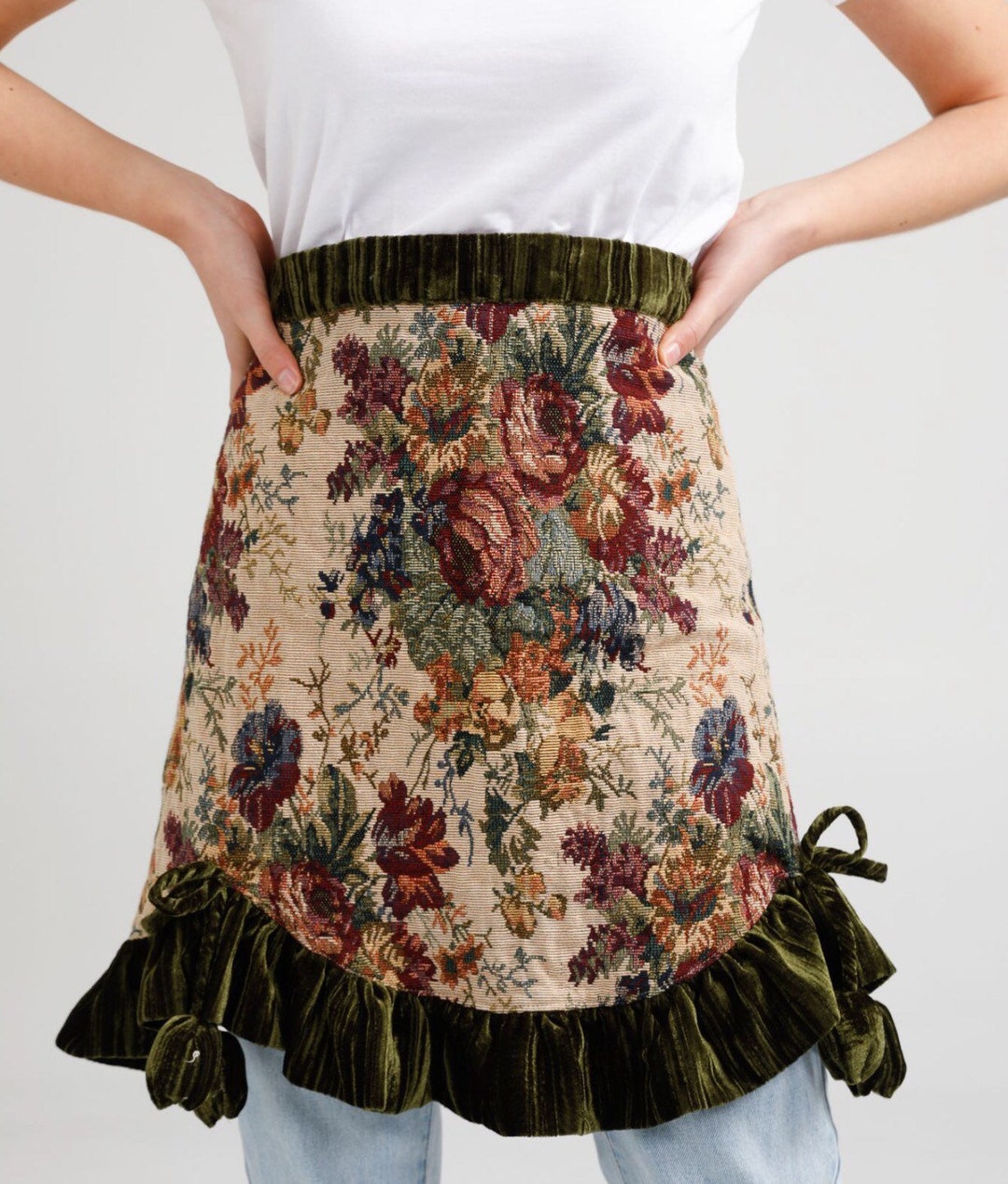 Floral Tapestry Half Apron With Velvet Tulip Detail - Etsy