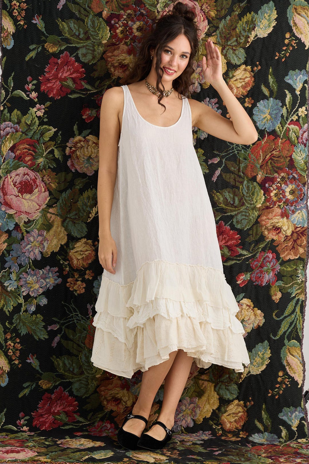 Waterlily Linen Ruffles and Lace Long Line Dress. Casual Pretty Linen ...