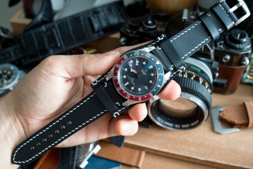 Bund Strap, Bespoke Leather Watch Strap, Smooth Black Vegetable Tanned ...