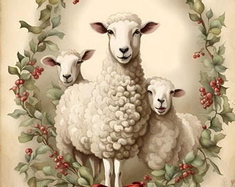 Decoupage Central, Christmas, Framed, Sheep, Holly, Vintage, Shabby ...