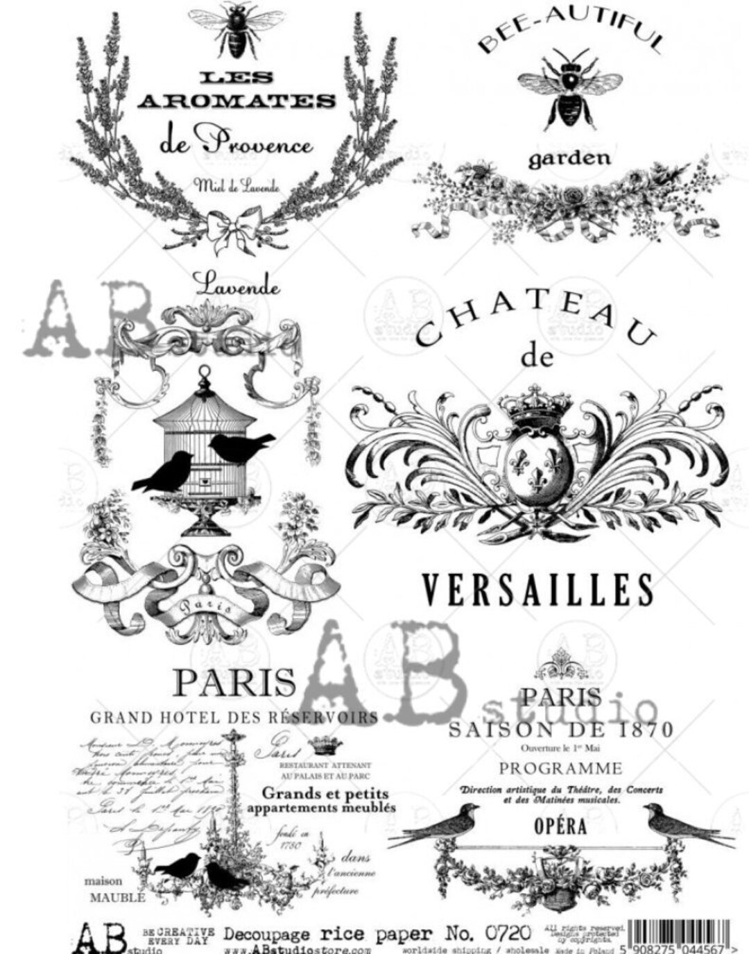 A4 720 Black and White French Labels Decoupage Rice Paper, AB Studios ...