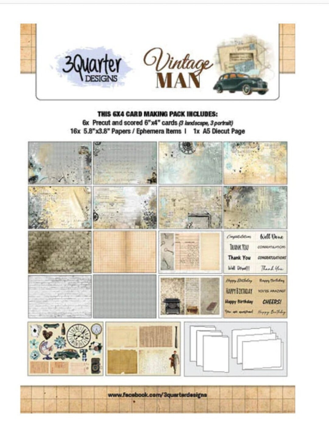 VINTAGE MAN Card Making Kit 3quarter Designs , Mixed Media Scrapbooking ...