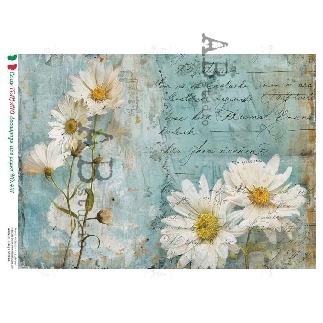 A4 491 Wild Daisies on Aqua Rice Paper for Decoupage , Paper for Crafting, Scrapbooking, and ...