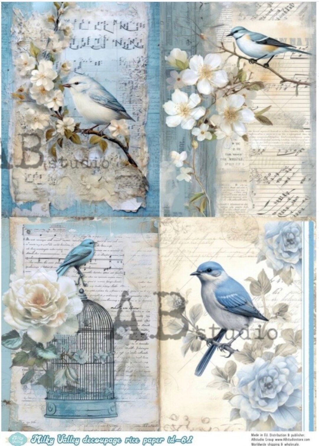 A4 Blue Bird Collection ID61 Milky Valley Decoupage Rice Paper - Etsy