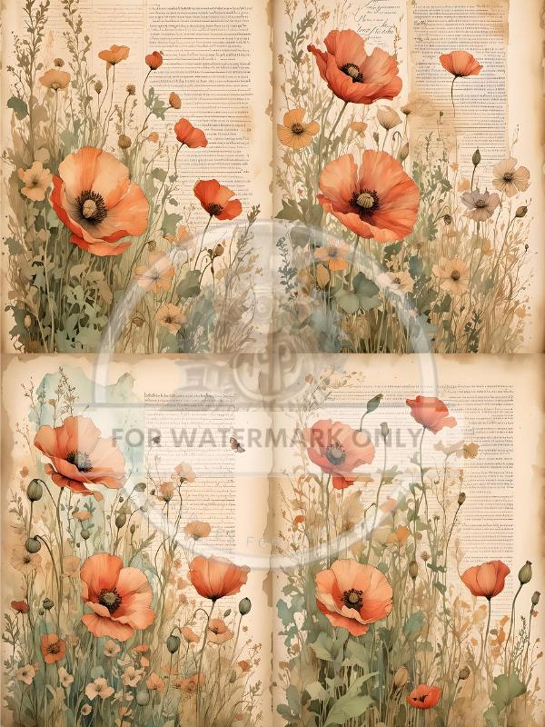 A4 Poppies and Pages Quad Decoupage Rice Paper, DC757 - Etsy