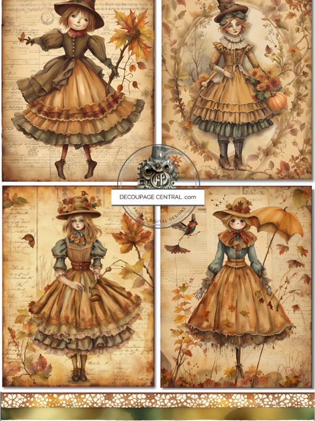 A4 Autumn Scarecrow Group , 4 Designs on One Page, Decoupage Rice Paper ...