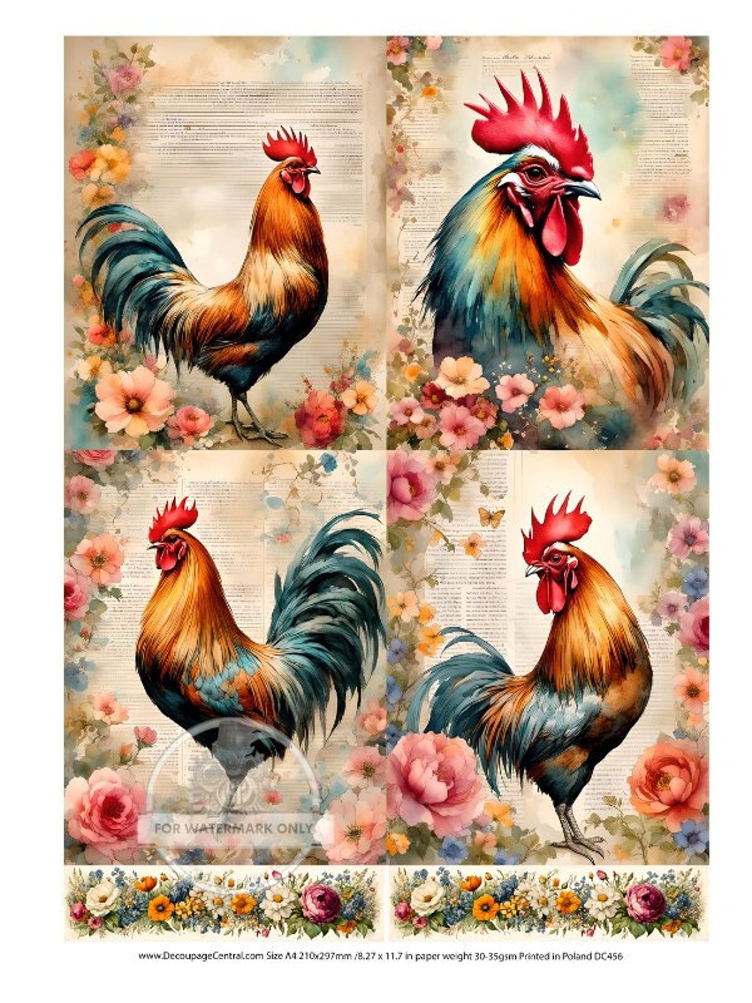 A4 Parchment Rooster Quad Decoupage Rice Paper, DC456 - Etsy
