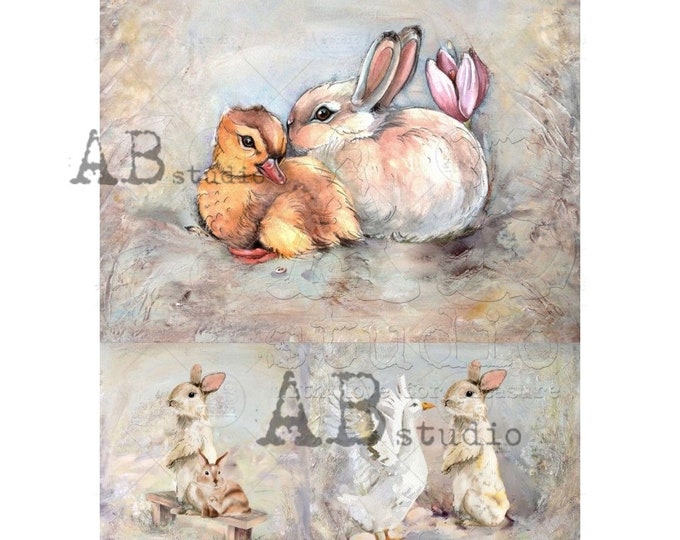 A4 Rice Paper From AB Studios 1248 These Bunnies Images for Easter and Spring, for Decoupage and ...