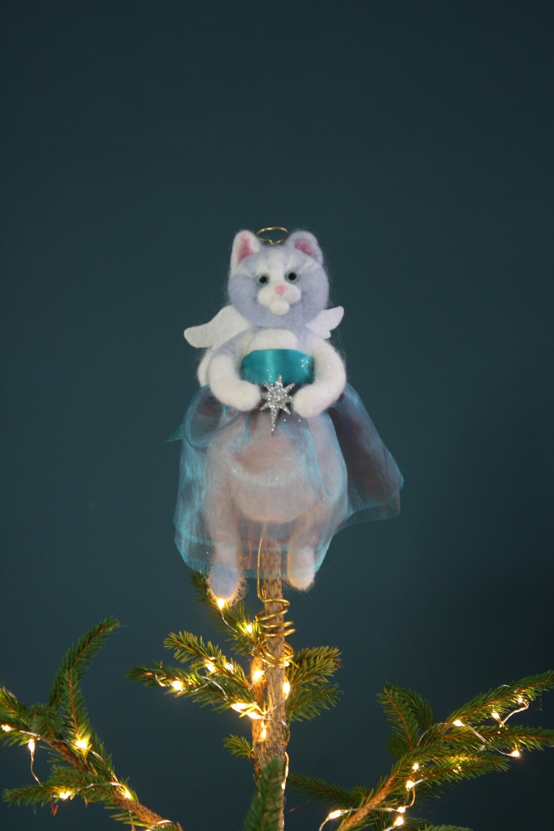 Needle Felted White and Grey Cat Angel Tree Topper, Christmas ...