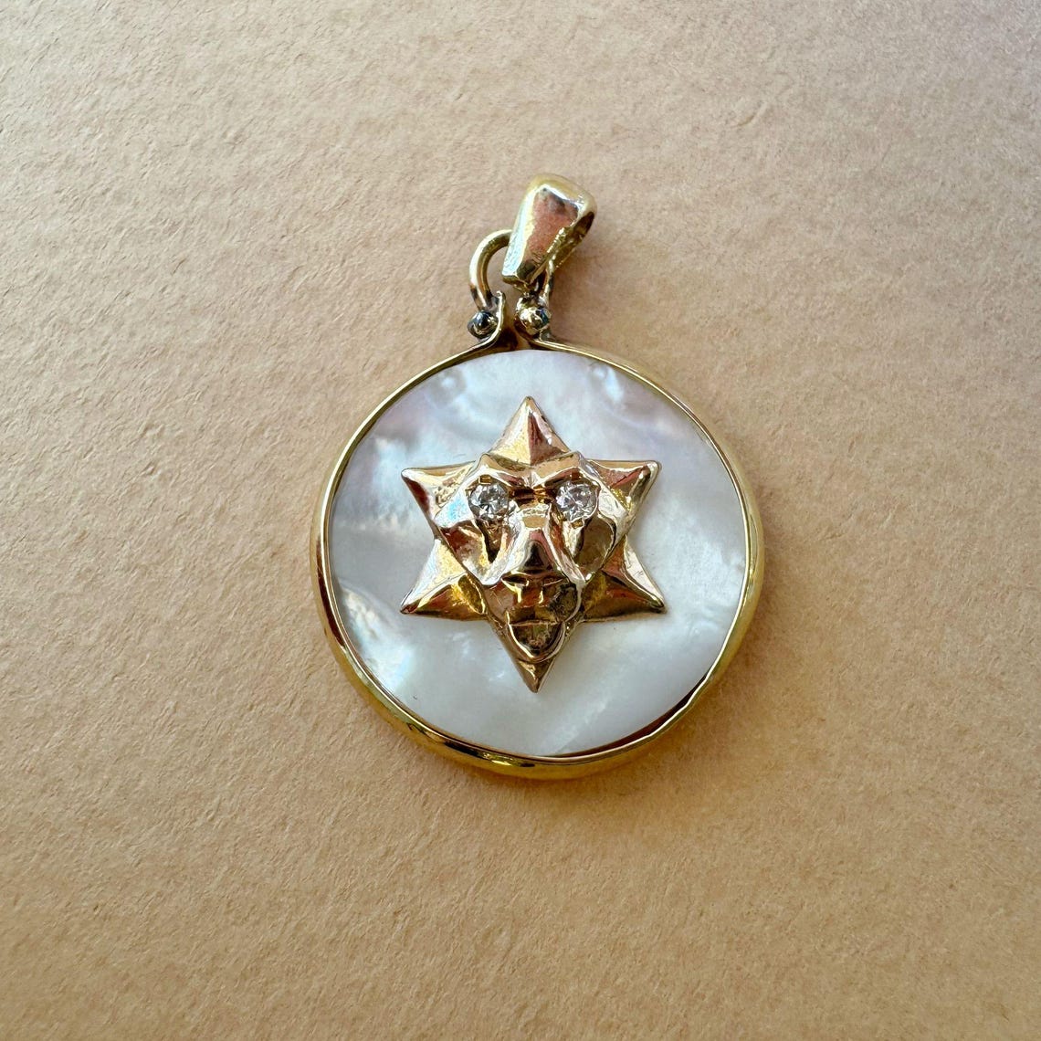 Gold Lioness Star Pendant – Diamond Eyes – Mother of Pearl Amulet ...