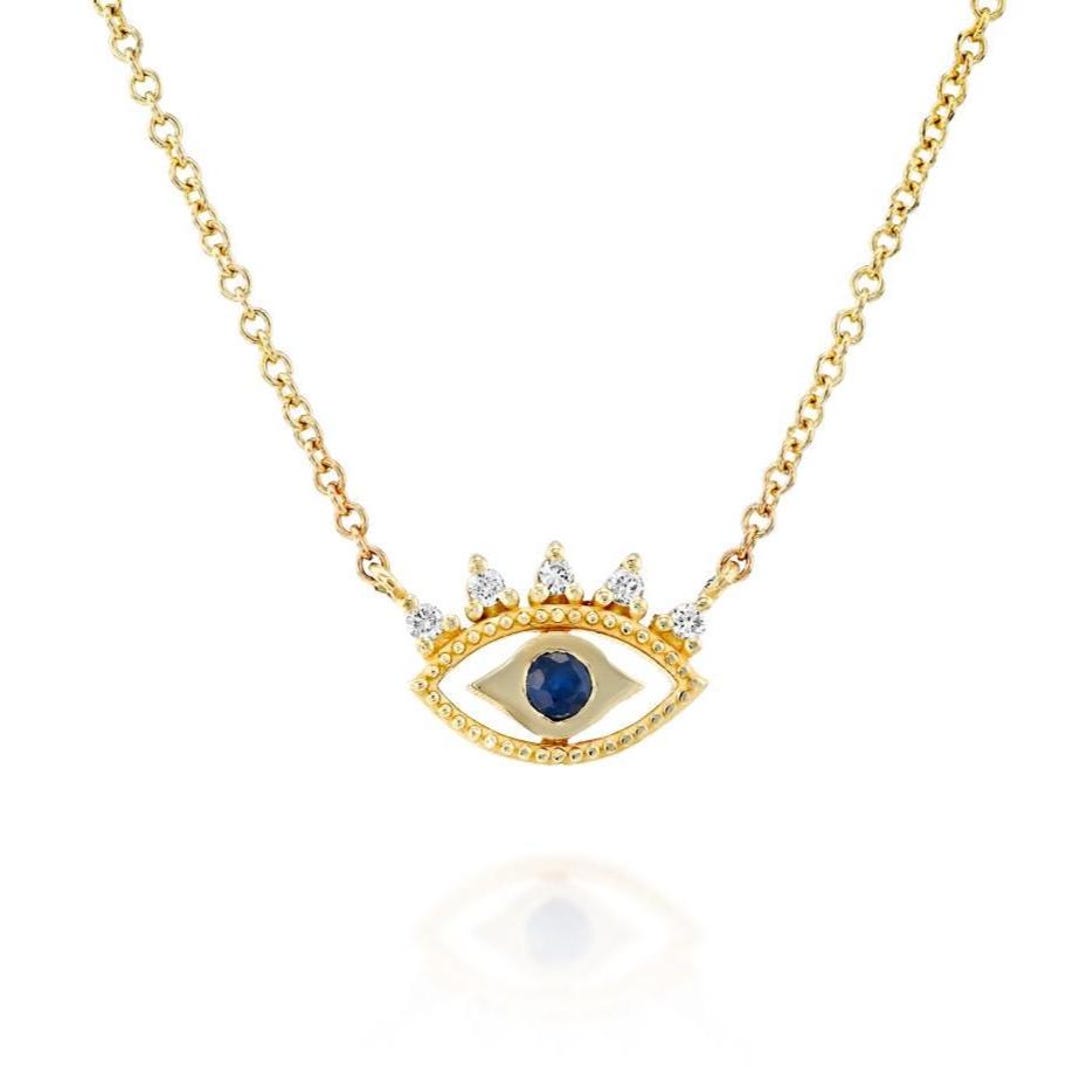 14k Gold Evel Eye Pendant, Natural Diamonds & Blue Sapphires , Handmade ...