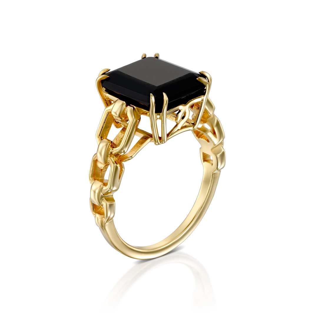 14k Gold Square Black Onyx Ring, Chain Band Statement Ring - Etsy