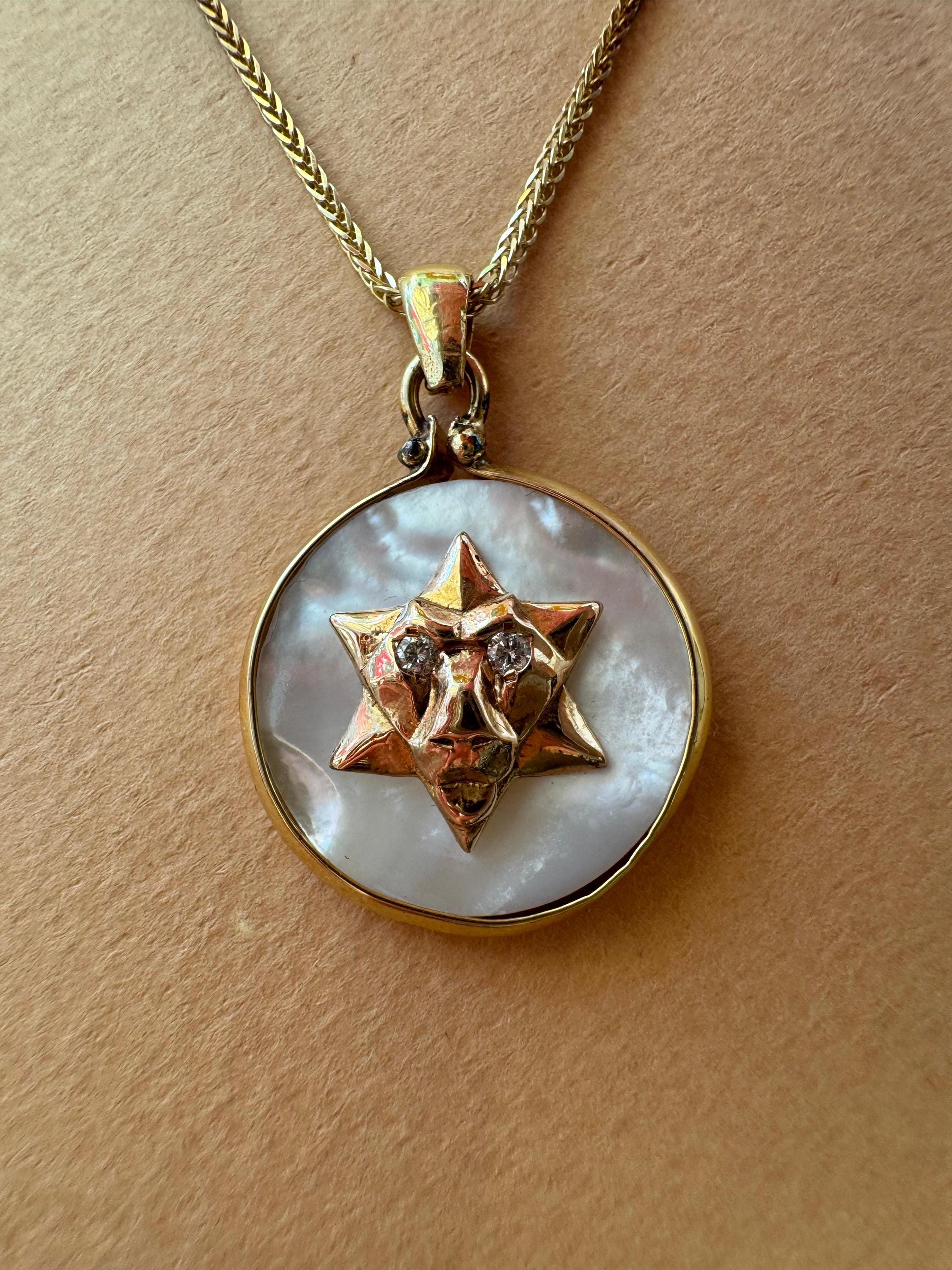 Gold Lioness Star Pendant – Diamond Eyes – Mother of Pearl Amulet ...