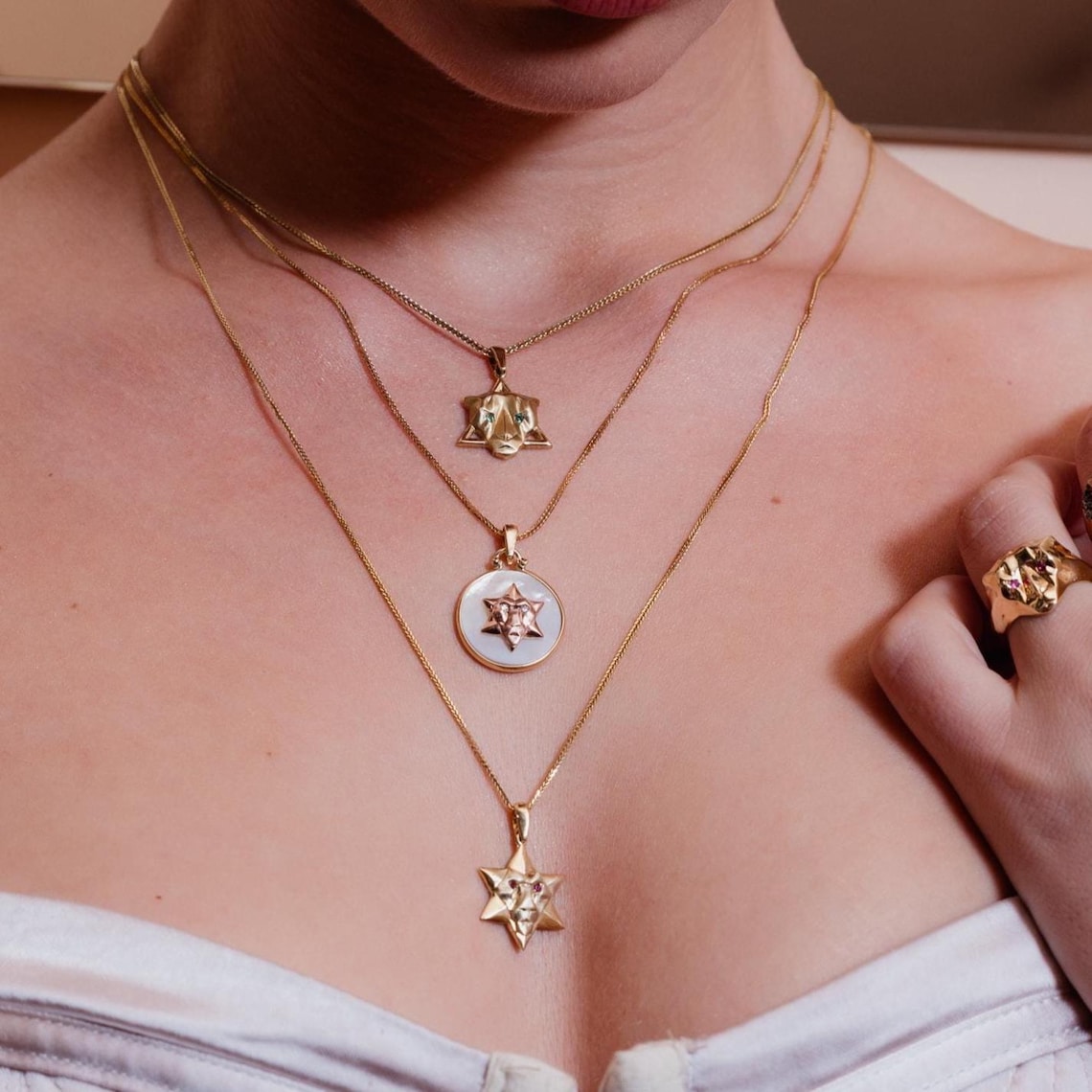 Gold Lioness Star Pendant – Diamond Eyes – Mother of Pearl Amulet ...