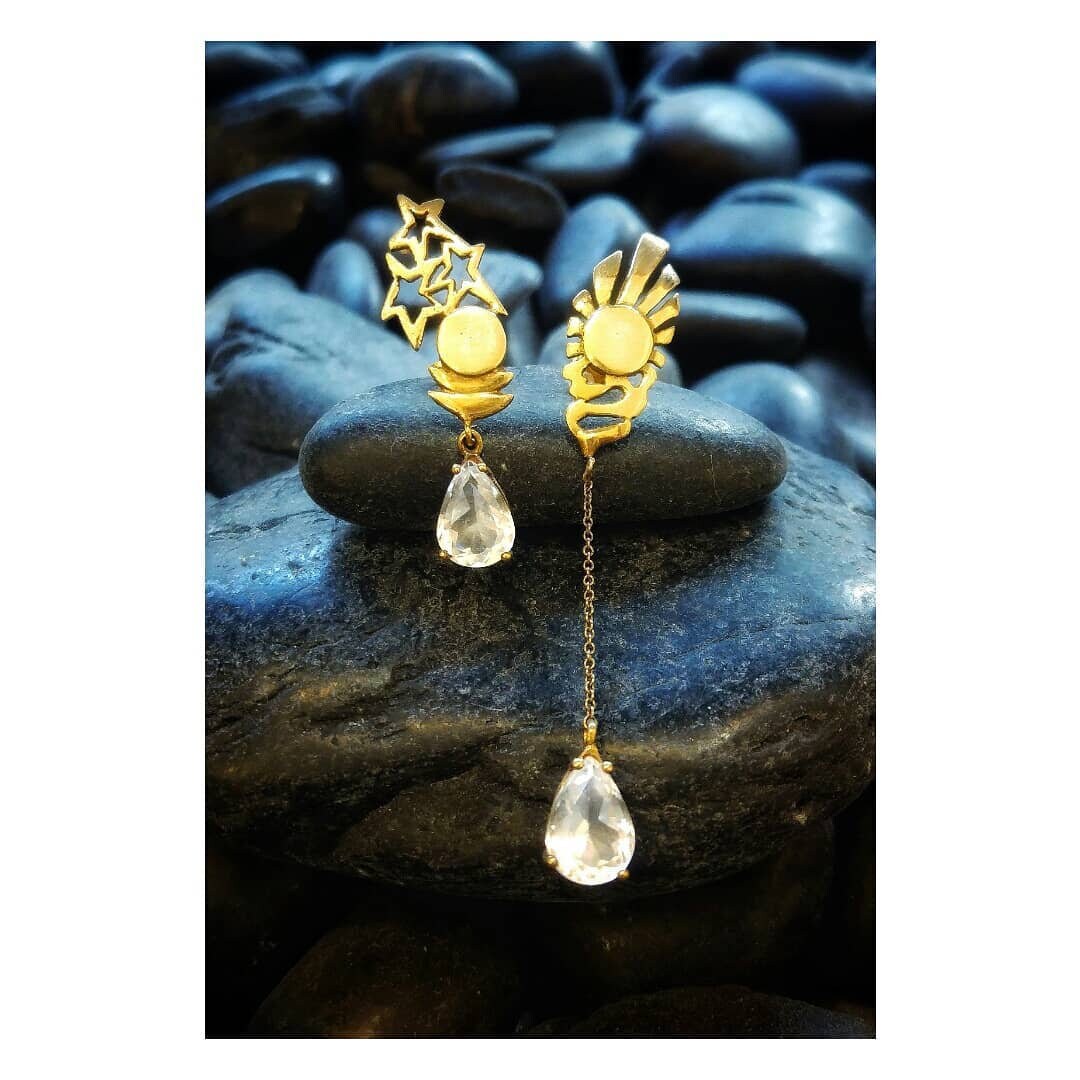 14k Gold Asymmetrical Sun & Moon Earrings, Crystal Quartz Celestial ...
