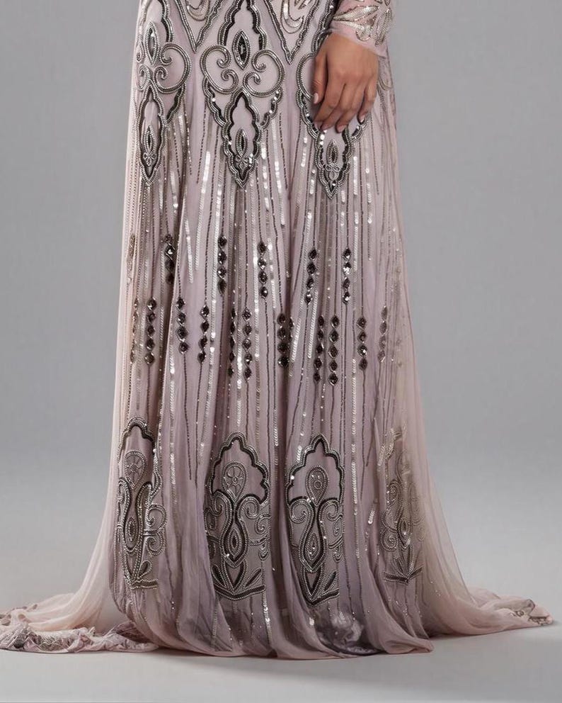 Plus Size Grey Gatsby Dress Beaded Maxi Long Sleeve Mother of the Bride ...