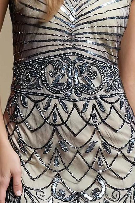 Victoria Beige Flapper Dress – 1920s Art Deco Gatsby Party Dress ...