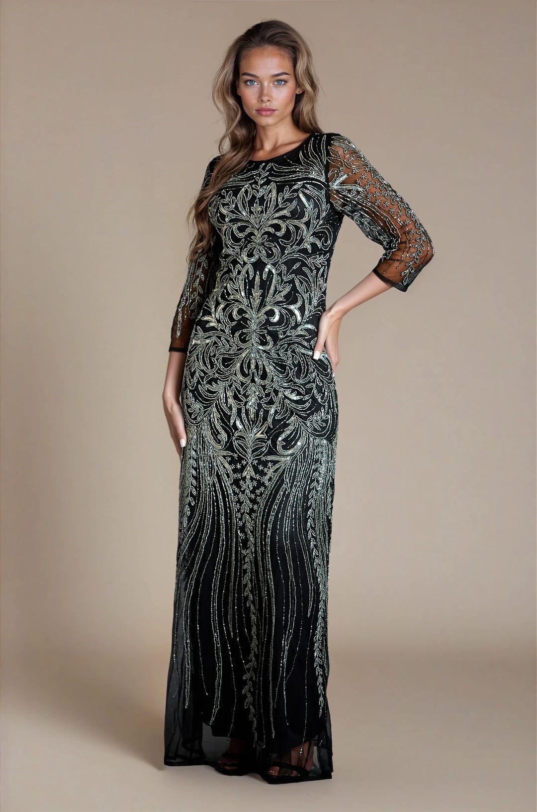 Tessy Black 1920s Gatsby Dress With Sleeves | Modest Art Deco Wedding ...