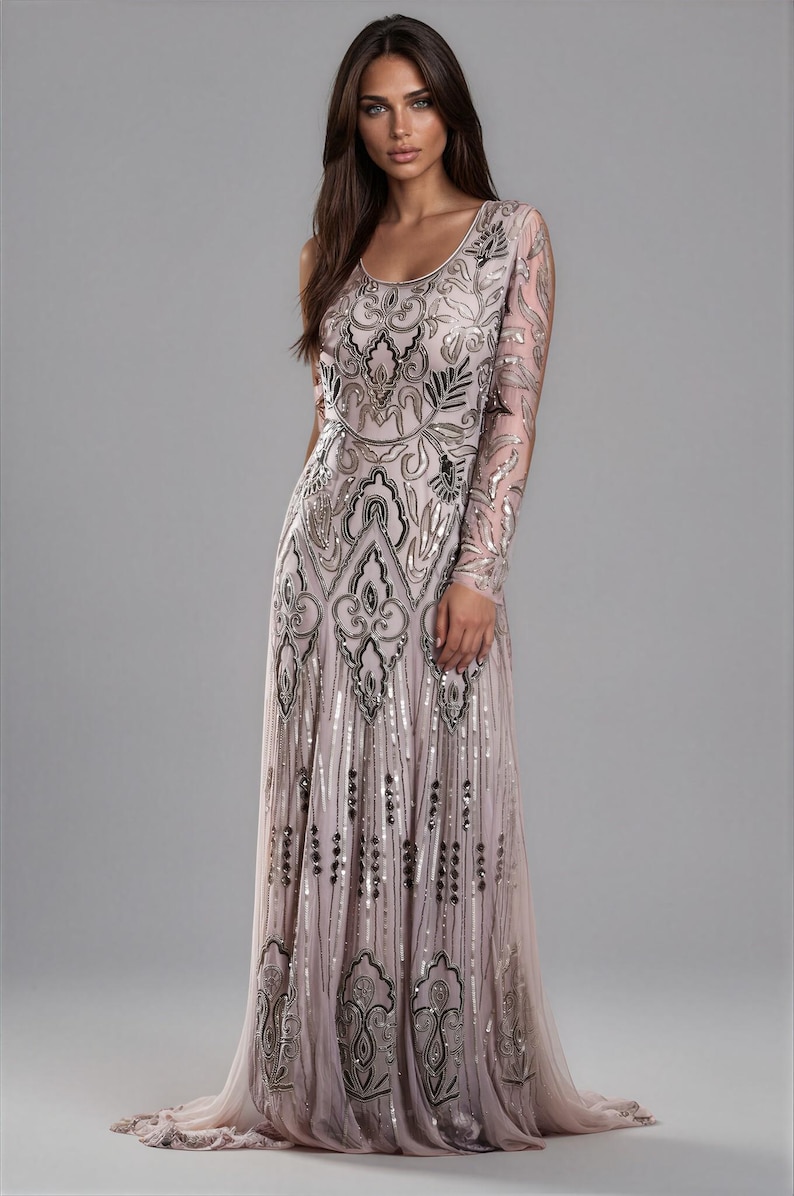 Plus Size Grey Gatsby Dress Beaded Maxi Long Sleeve Mother of the Bride ...