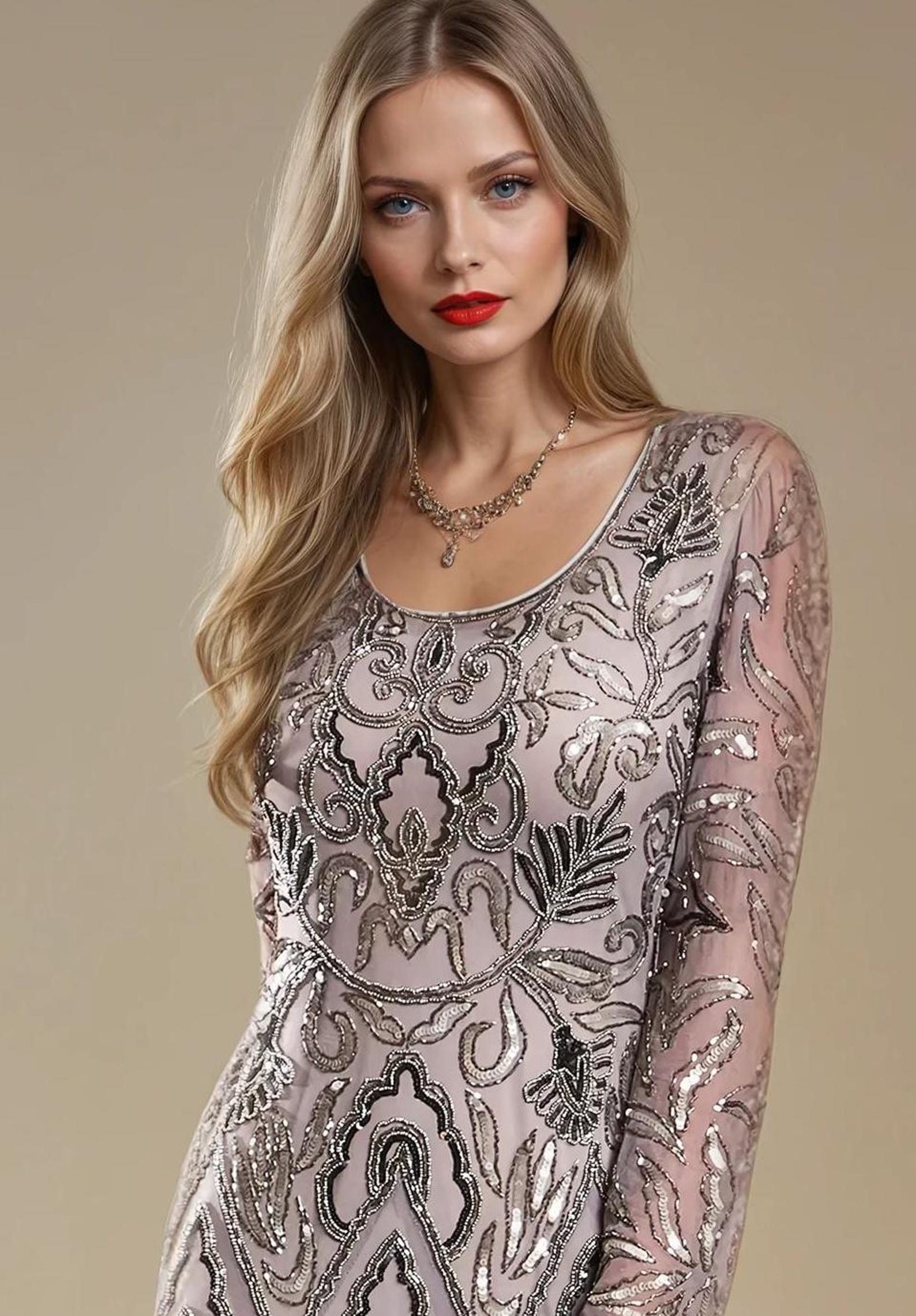 Isabella Grey 1920s Gatsby Dress With Sleeves, Sparkling Modest Gown ...