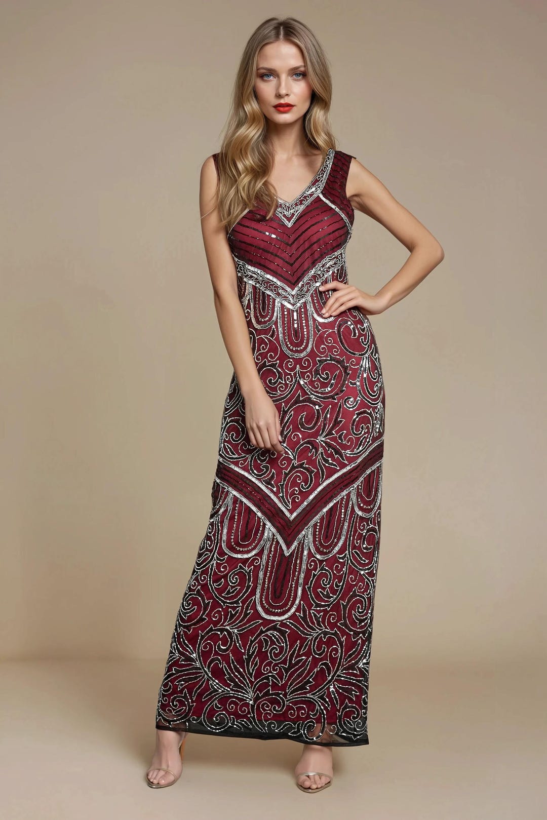 Vine Red Gatsby Dress: Art Deco Beaded Flapper Gown - Etsy