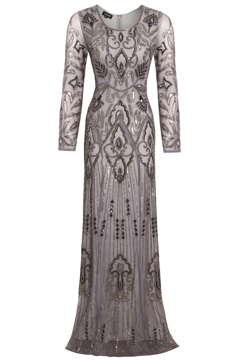 Plus Size Grey Gatsby Dress Beaded Maxi Long Sleeve Mother of the Bride ...
