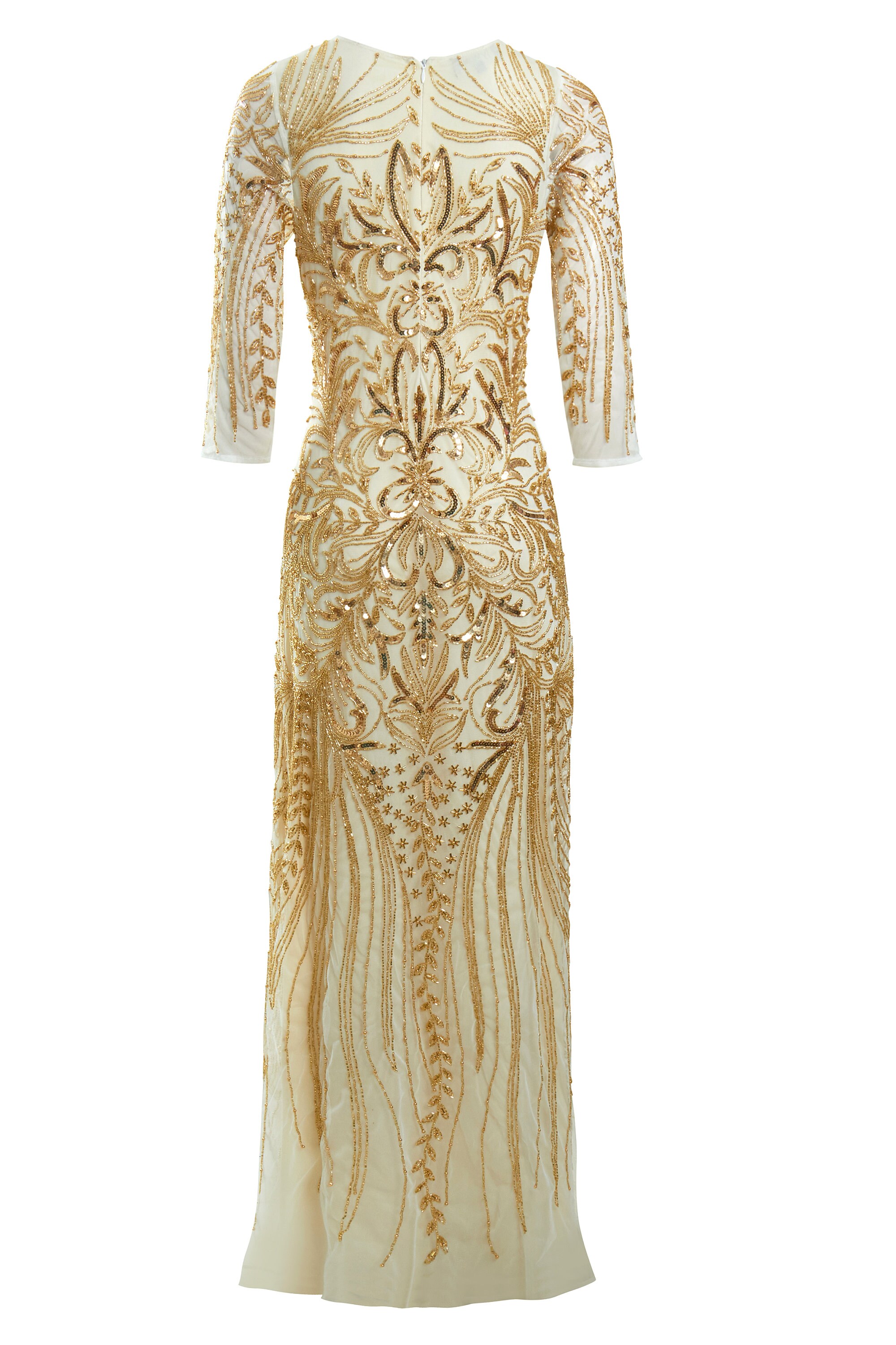 Tessy Gold Gatsby Dress, Long Sleeve Beaded Gown, 1920s Art Deco ...