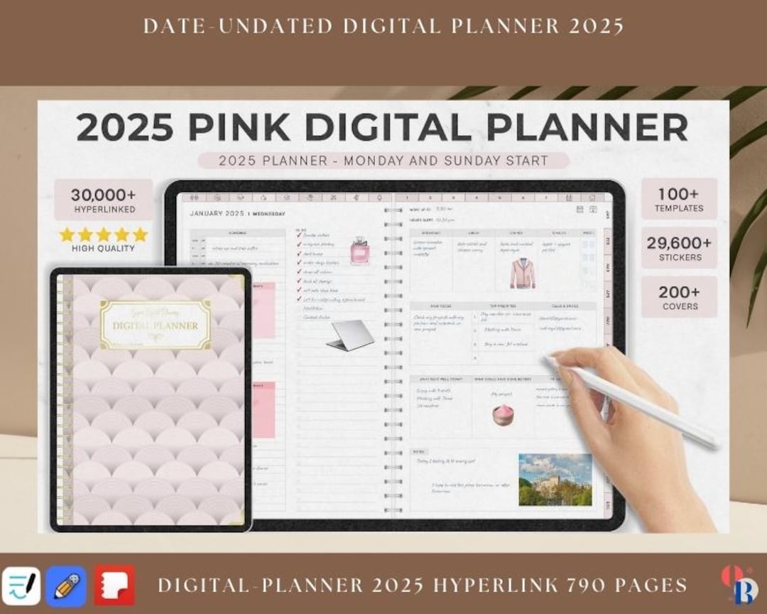 Pink Undated Digital Planner 2025 - Etsy